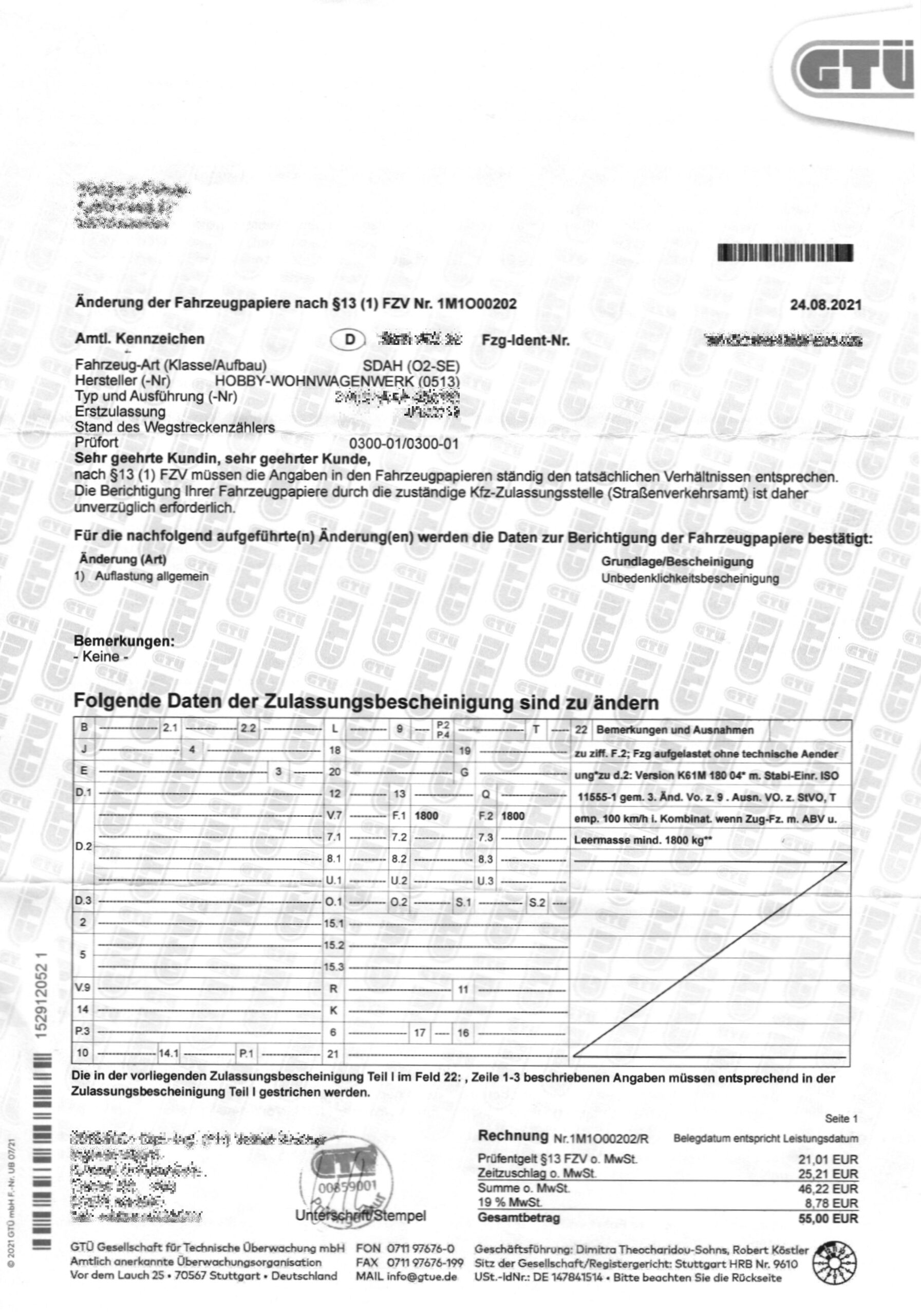 Unbedenklichkeitsbescheinigung Auflastung Ford Transit